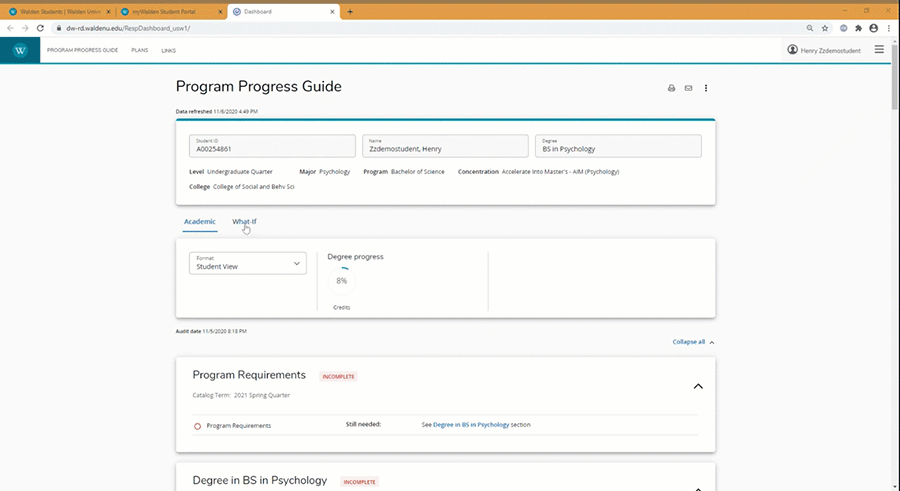 Walden | Degree Works | Program Progress Guide